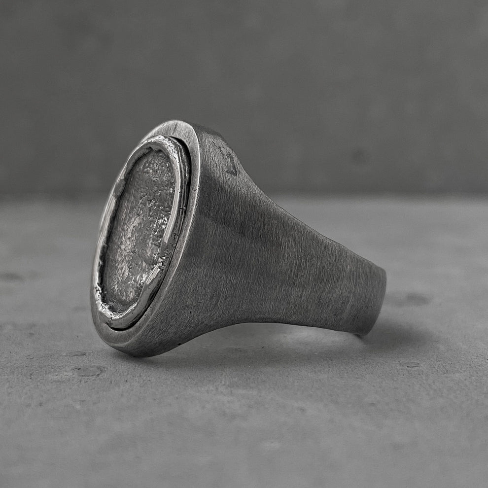 Project50g | Acid ring- Oval signet ring with molten metal texture on ...